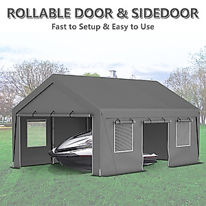 MACHOME Outdoor 13x20 FT Carport, Heavy Duty Canopy Storage Shed with Mesh Windows and Galvanized Steel Tube, All-Season Tarp, Wide Range of Appliaction for Car, Boat and Reunion, Gray