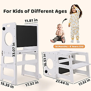 White Toddler Tower Step Stool for Kids Kitchen Stool Helper Toddler Standing Tower Foldable Toddler Table Kids Table and Chair Set 4 in 1 Montessori Helper Tower