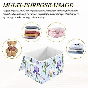 Doterii Chic Purple Iris Flower Storage Bin with Lid Fabric Foldable Cube Baskets Closet Toy Organizer