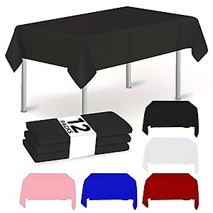 NORZEE 12-Pack Disposable Plastic Tablecloths, 54" x 108" Plastic Table Cloth, Rectangle Table Cover (Black, 12 Pack Rectangle 54" X 108")