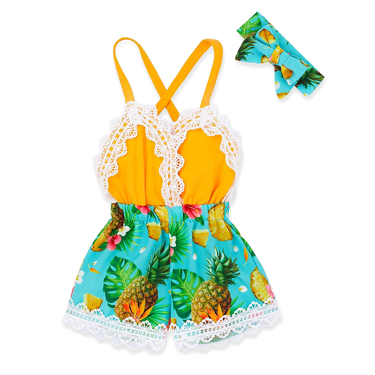 ADIFUN Toddler girl clothes 18-24 months girl summer pineapple pattern suspender romper+Headband two-piece suit toddler girl jumpsuit clothes outfits