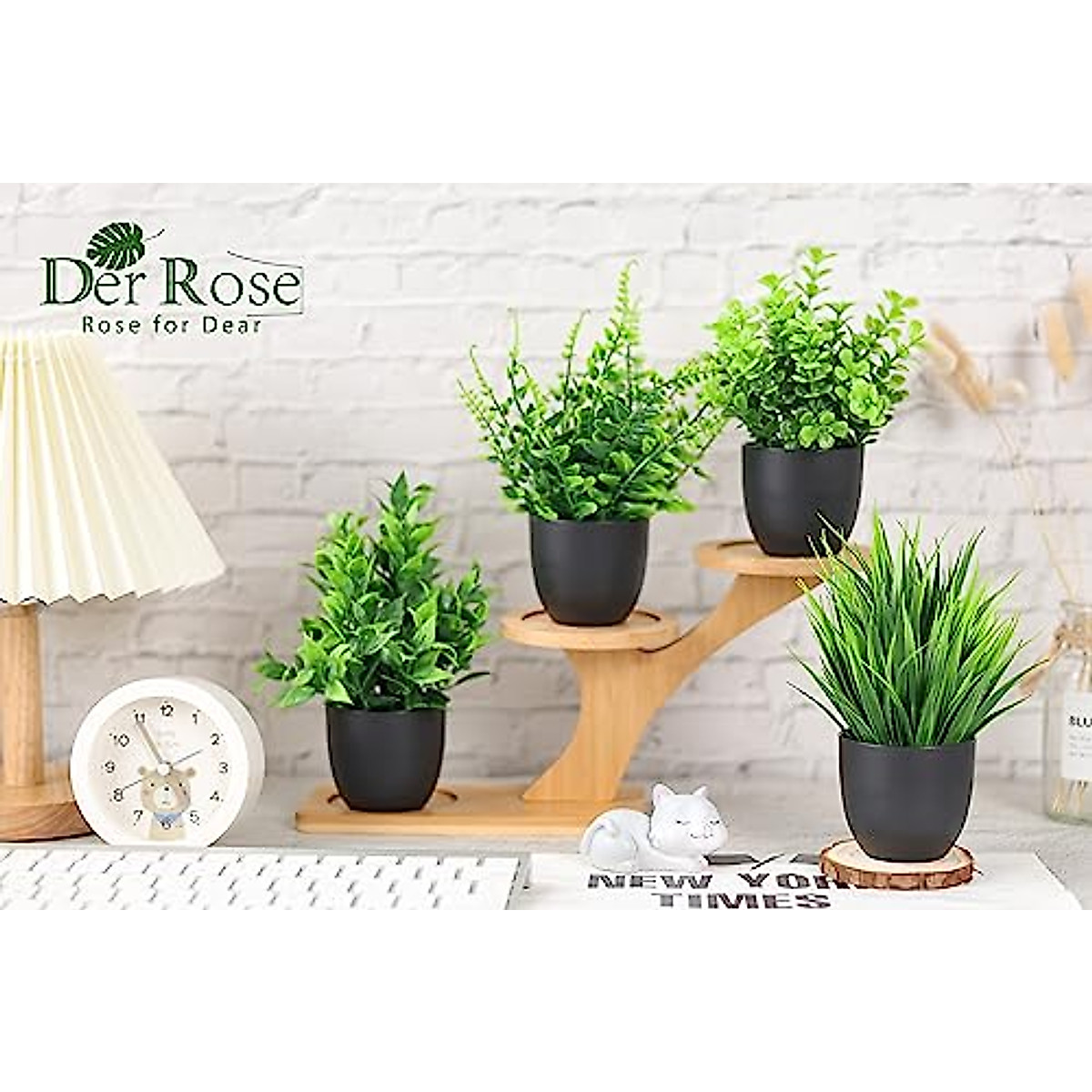 Der Rose Fake Plants 4 Packs Artificial Plants Small Faux Plants in Black Pot for Bathroom Home Office Table Decor Indoor