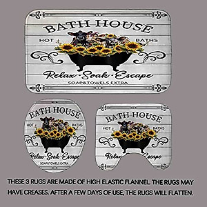 Dia Magico 4PCS Funny Cow Shower Curtain Set, Yellow Sunflower Floral Green Botanical Bull Cattle Farm Animal Country Rustic Farmhouse Bathroom Decor, Fabric White Shower Curtain, Non-Slip Bath Mat