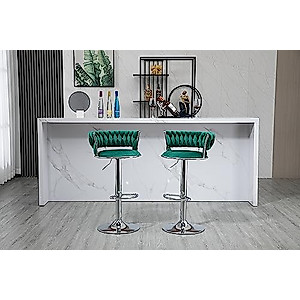 Kakotito 360° Velvet Swivel Bar Stools with Low Back & Footrest, Adjustable Counter Barstools, Silver Bar Stool (Set of 2 - Silver Version, Emerald)