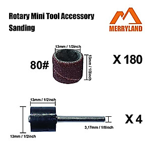 Merryland Drum Sander Sanding Band for Dremel 184pcs, 80# 1/2" Sanding Sleeve 180pcs and Mandrel 4pcs Rotary Tool, Electric Power Tool Accessory DIY, RMTA184C1