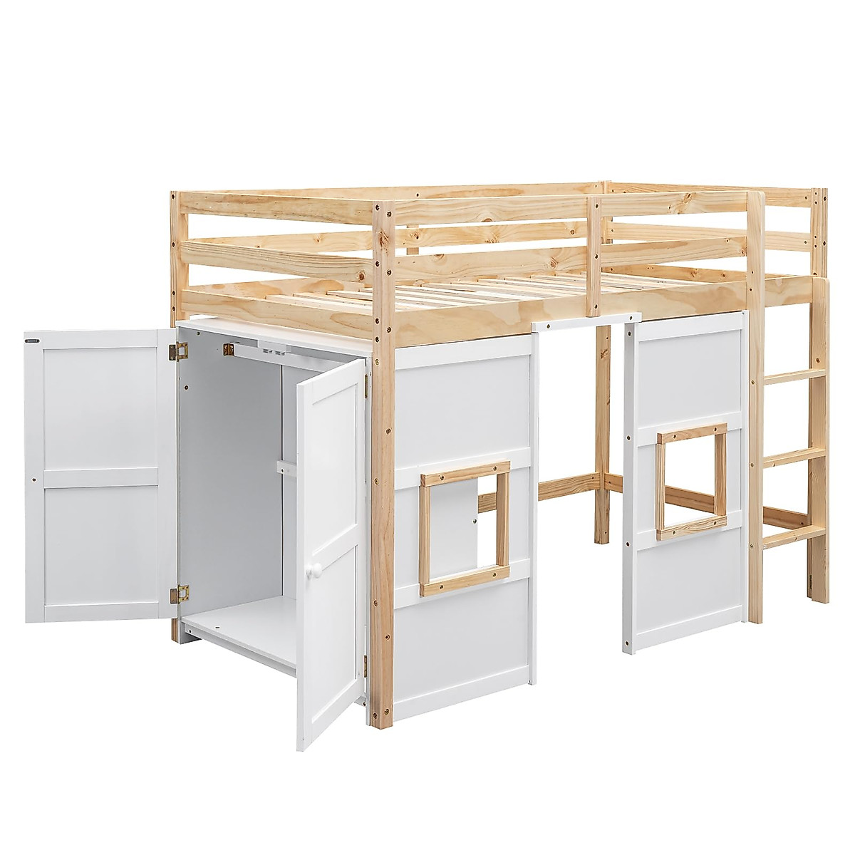 VilroCaz Playhouse Design Twin Size Loft Bed with Built-in Storage Wardrobe and 2 Windows, Solid Wood Loft Bed Frame with Safety Guardrail for Kids Teens Boys Girls, Space-Saving (Whit+Natural)