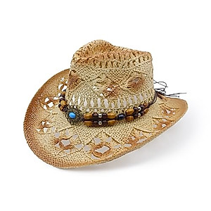 POUDAY Straw Cowboy Hat for Women Western Cowboy Hat with Wide Brim Breathable Cowgirl Hat for Summer Beach Beige