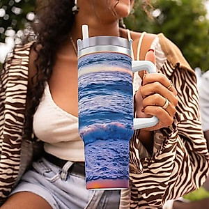 HULIBIN Beach Sunset Ocean Waves Print Double Deck Stainless Steel Travel Coffee Cup With Lid 40 Oz Ice Bully Cup