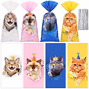 Hotop 100 PCS Cat Cellophane Bags Gift Treat Goodie Candy Party Favor Bag with 150 Ties Kitty Themed Birthday Decorations Supplies for Kids Home Classroom Baby Shower
