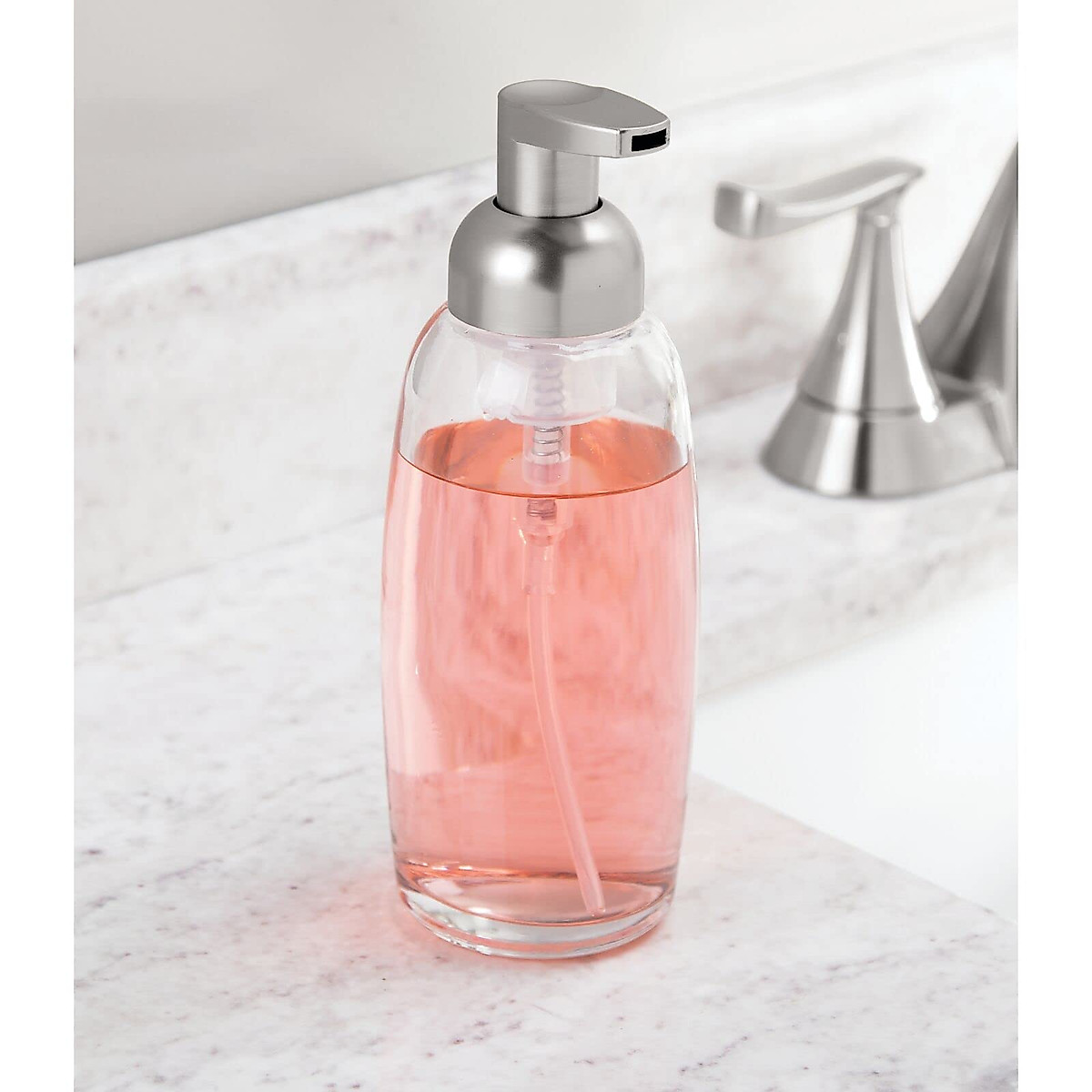 mDesign Modern Glass Refillable Foaming Soap Dispenser Pump Bottle for Bathroom Vanity Countertop, Kitchen Sink - Save on Soap - Vintage-Inspired, Compact Design - 2 Pack - Clear/Brushed