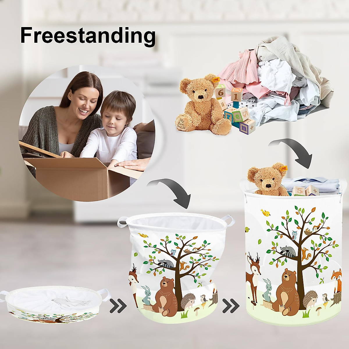Clastyle 63L Large Woodland Animal Tree Kid Laundry Hamper with Handle for Boy Girl Collapsible Clothes Toy Storage Basket with Lid for Bedroom Bathroom Nursery