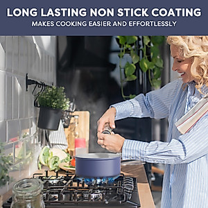 CIARRA Non Stick Frying Pan (10.2") & Ceramic Sauce Pan (3qt) - Non Toxic, PTFE & PFOA Free - Oven Safe & Compatible with All Stovetops, Blue