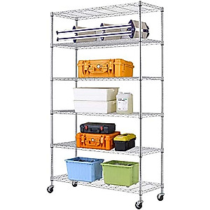 6 Tier Standing Shelf Units NSF Heavy Duty Height Adjustable Storage Shelf Metal Shelving with Wheels/Feet Levelers for Garage Rack Kitchen Rack Office Rack Commercial Shelving Chrome, 18" x 48" x 82"