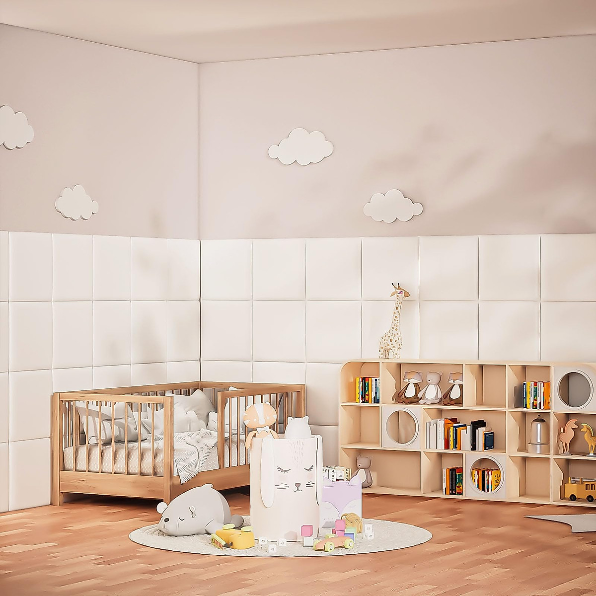 Umedol 3D Anti-Collision Wall Padding for Kids, White Peel and Stick headboard Panels, Self-Adhesive Headboard Panels for Wall, Bedroom/Living Room Upholstered Wall Panel(12 Pack -11.8" x 11.8")