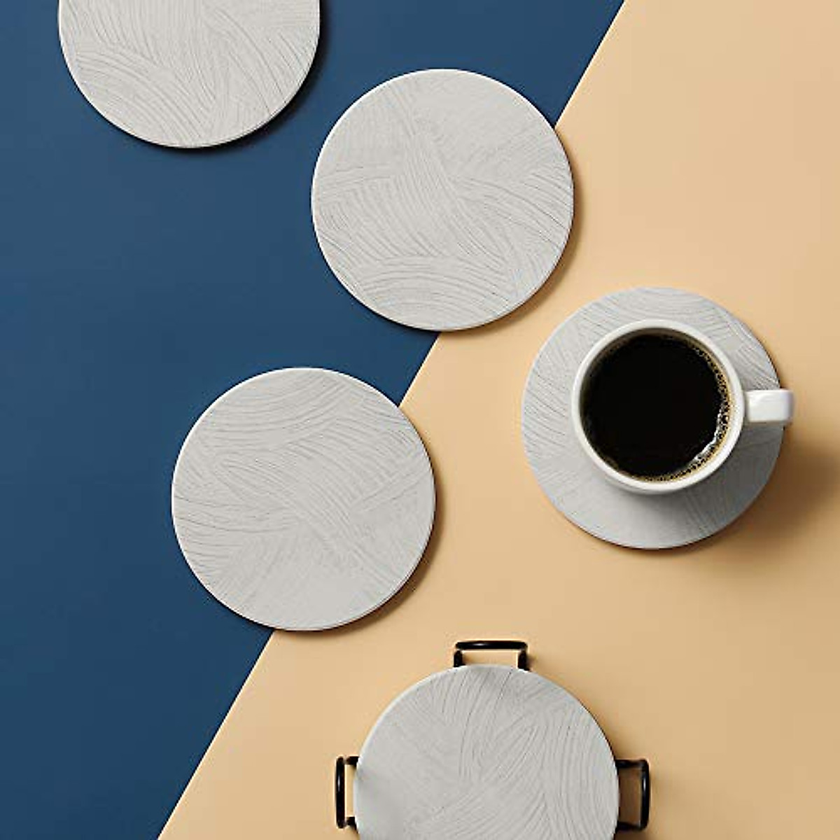 LIFVER Absorbent Drink Coasters with Holder, Set of 6 Ceramic Coasters with Cork Base, White Stone Coasters for Wooden Table, Housewarming Gift, White Elephant Gifts Idea, for Home Decor, 4 inches