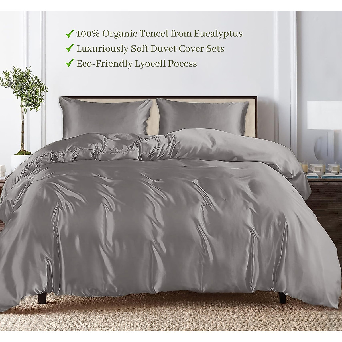 Linenwalas Tencel Lyocell Duvet Cover Set with Deep Pocket Fitted Sheet, Viscose Made from Eucalyptus Soft, Lightweight and Breathable Complete Bedding Set (Light Grey, King)