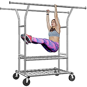 Raybee Clothes Rack Heavy Duty Clothing Rack with Wheels Load 630lbs Clothing Racks for Hanging Clothes Rolling Clothes Rack Adjustable Garment Rack Commercial Portable Clothes Rack 74" Wx 25" Dx70 H