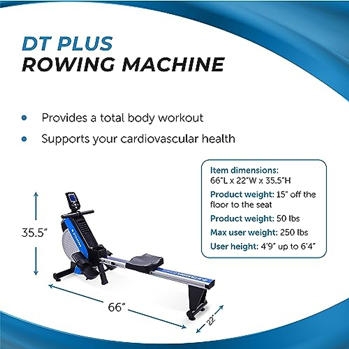 Stamina DT Plus Rowing Machine 1409 - Rower Machine with Smart Workout App - Rower Workout Machine with Dual Air and Magnetic Resistance - Up to 250 lbs Weight Capacity