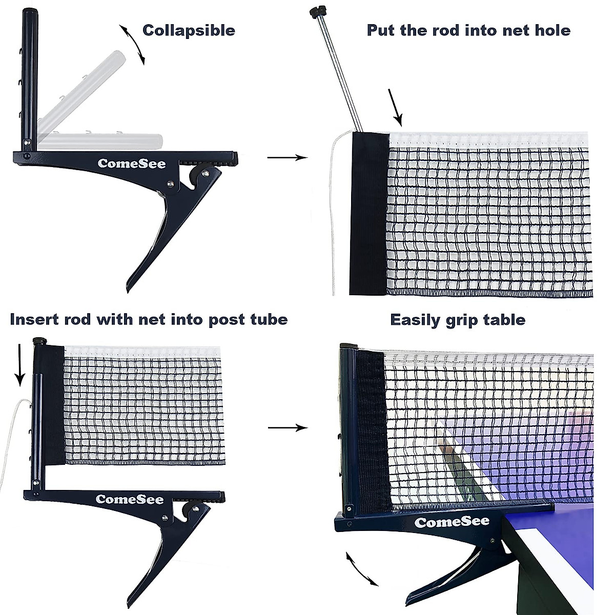 Comesee Kioos Collapsible Table Tennis Net Professional Steel Pingpong Net Clip Grip Mesh Training Competition Portable Tension Adjustable Post (Navy)