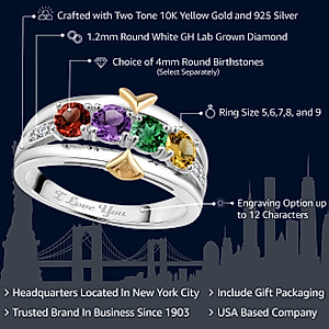 Gem Stone King 925 Sterling Silver and 10K Yellow Gold Engraving Customized and Personalized Build Your Own 4-Stone 4MM Round Birthstones and White G-H Lab Grown Diamond Band Ring For Women (Size 8)