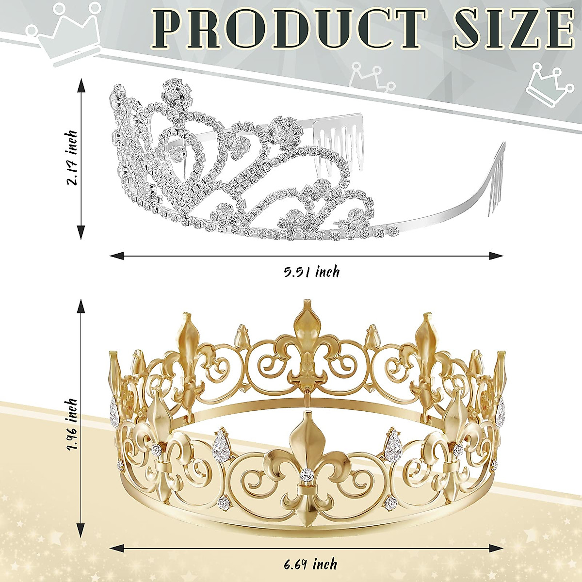King Crown 2 Pcs Royal King Crown Metal Crystal Tiara Crown for Men Women Bridegroom Bride Princess for Wedding Halloween (Rhinestone Style)