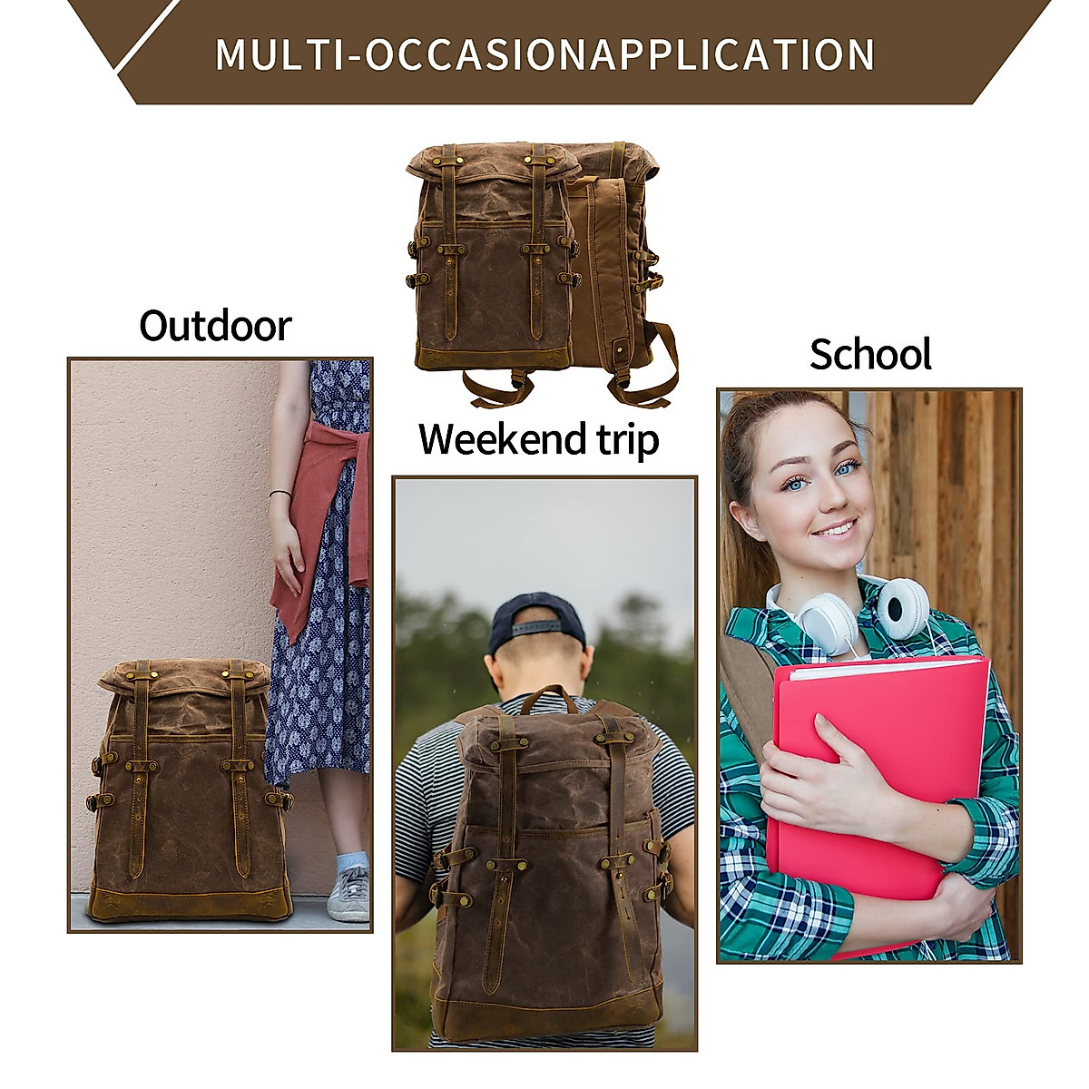 Waxed Canvas Leather Hiking Travel Waterproof Backpack for School Weekend Travel Fit 15in laptops (Coffee)