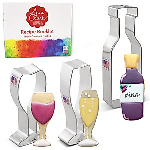 Wine and Champagne Celebration Cookie Cutters 3-Pc. Set Made in USA by Ann Clark, Wine Glass, Bottle, Champagne Glass