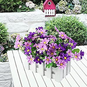 Louis Garden Artificial Flowers Fake Daisy in Picket Fence Pot Pack - Mini Potted Plant (Daisy-Purple)