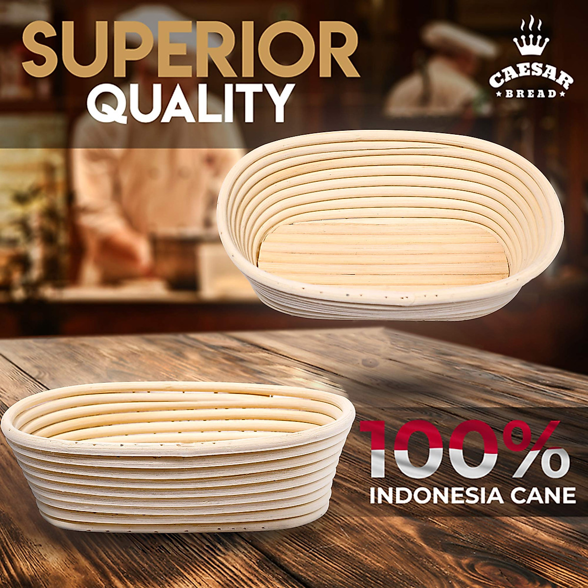 Banneton Bread Proofing Basket By Caesar Bread, 10 Inch Oval Sourdough Brotform For Rising Dough Set, Include Cloth Liner, Scraper, Bread Lame, Brush & Recipe Book For Beginners & Professional Bakers