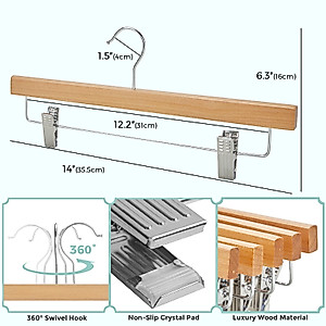 SMARTOR Wood Pants Hangers - 14inch, 20 Pack Skirt Hangers Shorts Hangers with 2-Adjustable Clips, Pants Hanger Wooden as Slack Hanger, Jeans Hangers, Trousers Hangers, Bottom Hangers - Natural
