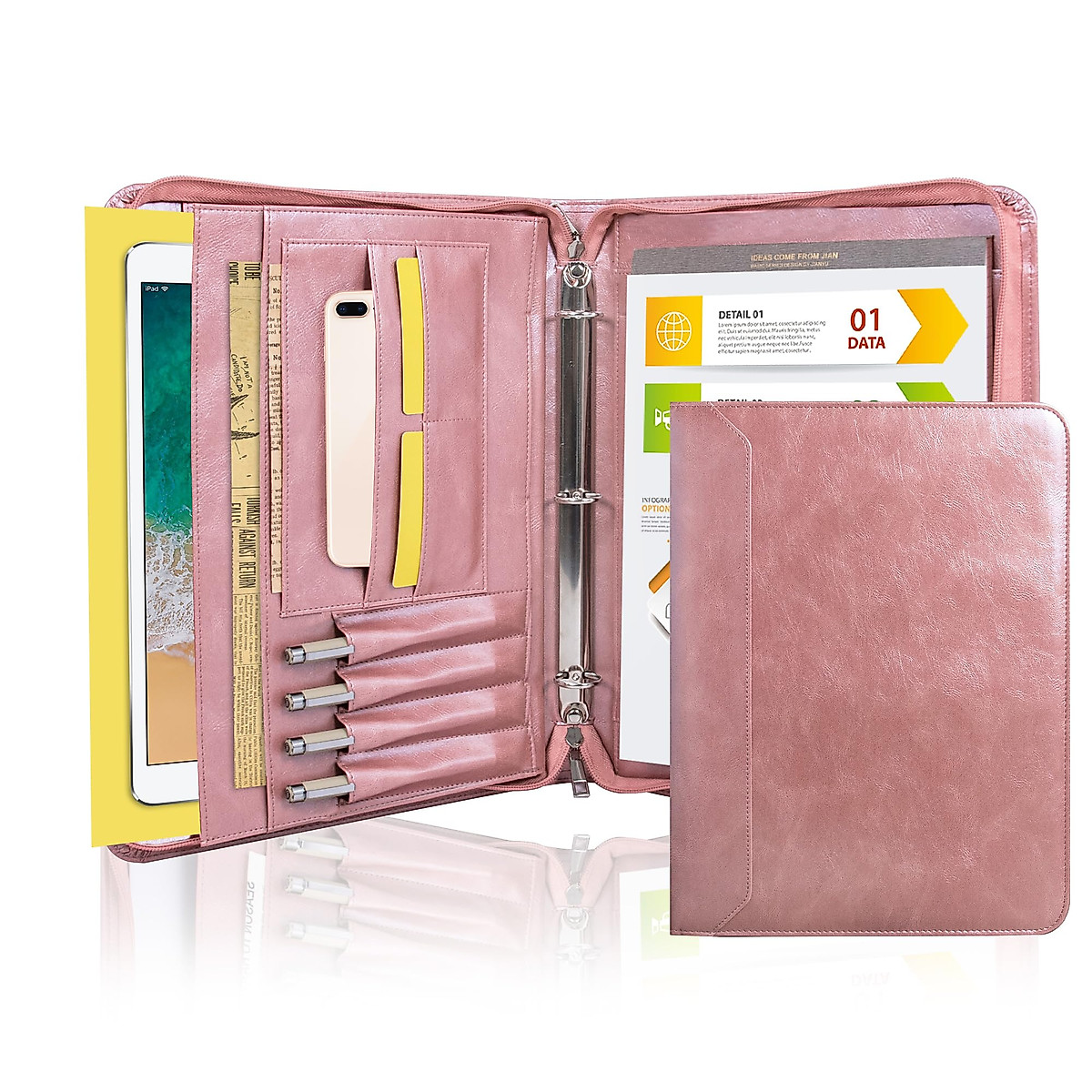 AZXCG Zipper Binder Portfolio for Women, 3 Ring Binders 1 inch, PU Leather Padfolio Folder, Business Portfolio Organizer with A4 Legal Pads, Thin Leather Professional Binder, Gift for Her, Rosegold