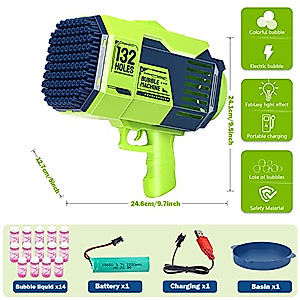 Bubble Gun, Upgraded 132-hole Bubble Machine Gun with Color Light, Bazooka Bubble Machine,Suitable for Children Adults, Indoor and Outdoor Birthday Wedding Party Events (Green)