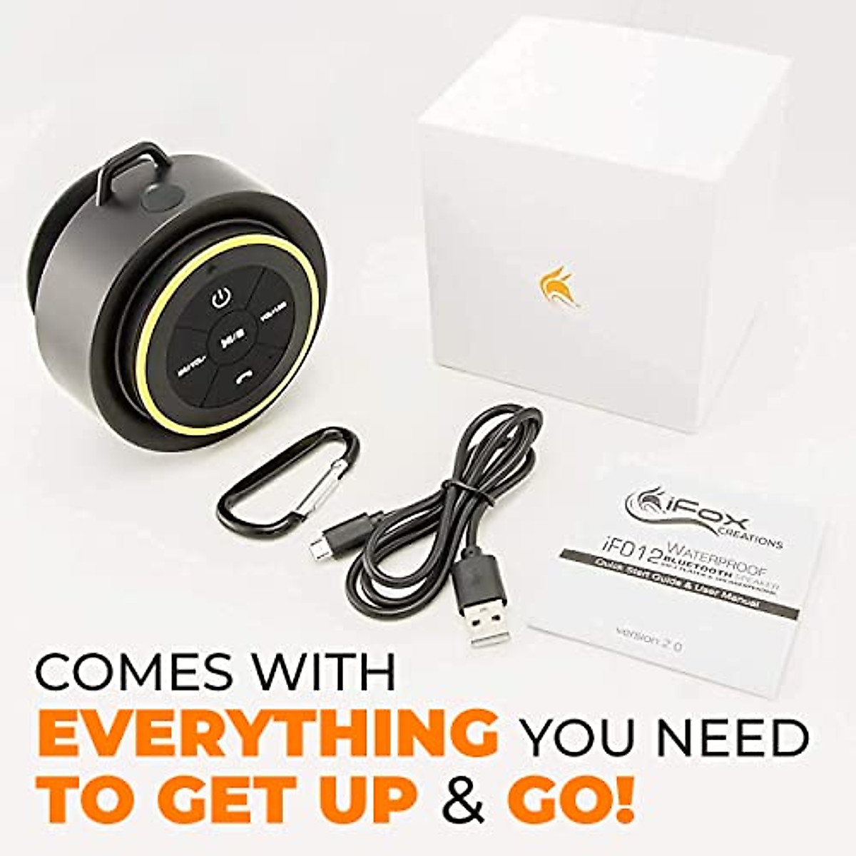 iFox Portable Bluetooth Shower Speaker, IPX7 Waterproof Outdoor Wireless Speaker, Built-in Mic, Carabiner, Beach, Camping, Hiking, Pool, Great Gift, Black/Gold