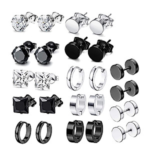 LEBOCADO 12 Pairs Earrings for Men, Stainless Steel Black Stud Earrings Hoop Earrings Set for Women, Black and Sliver Ear Studs (12 Pairs Set)