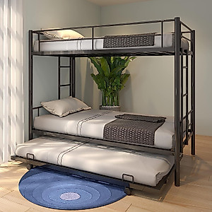 DaiNNCN Twin Over Twin Bunk Bed with Trundle,Can Be Divided Into 3 Bed Metal Heavy Duty for Kids Boys Girls Adults-Black