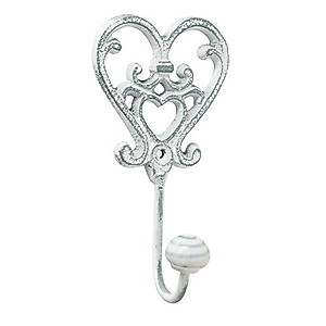 Romantic Chateaux Wall Hooks, Set of 3, Shabby French Country Style, Rustic White Finish, Cast Iron, Vintage Inspired, Striped Porcelain Caps, Each 2 3/4 L x 1 1/2 W x 5 1/2 H inches