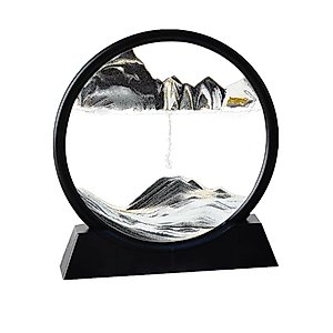 ANXUS Moving Sand Art Picture in Motion Round Glass 3D Deep Sea Sandscape Display Flowing Sand Frame, Sensory Relaxing Desktop Home Office Work Desk Decor (7",Black)