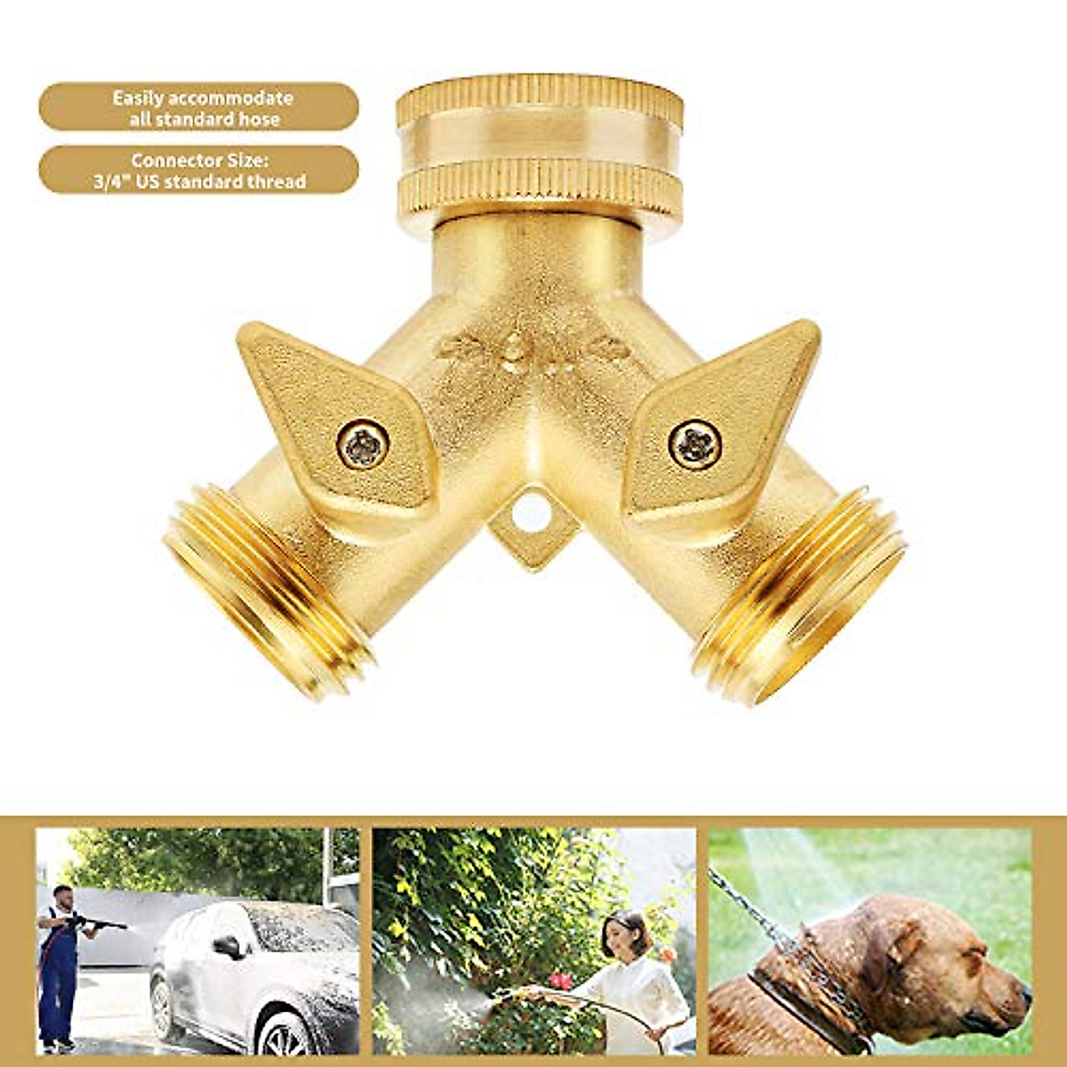 Garden Hose Splitter 2 Way - Heavy Duty Solid Brass Hose Y Splitter，Hose Faucet Splitter,3/4" Brass Hose Adapter Connectors Shut Off Valve, Hose Spigot Adapter 2 Valves, Plus 4 Extra Rubber Washers.