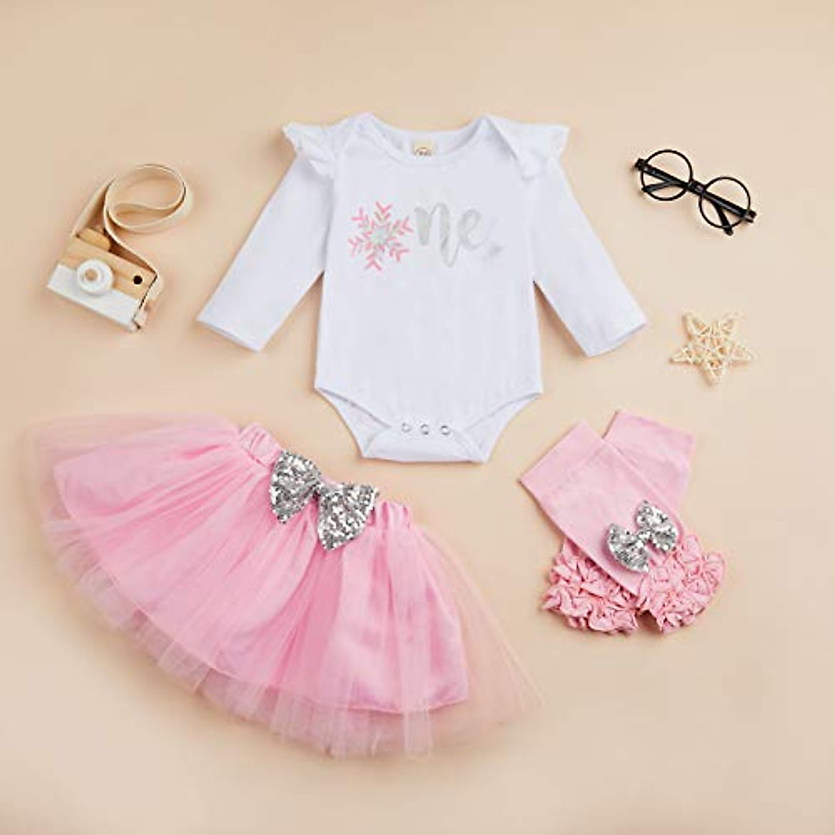 Baby Girl My 1st Birthday Outfit Long Sleeve Letter Print Romper + Tutu Skirt Leg Warmers with Headband 4pcs Clothes Set (Pink A, 12-18 Months)