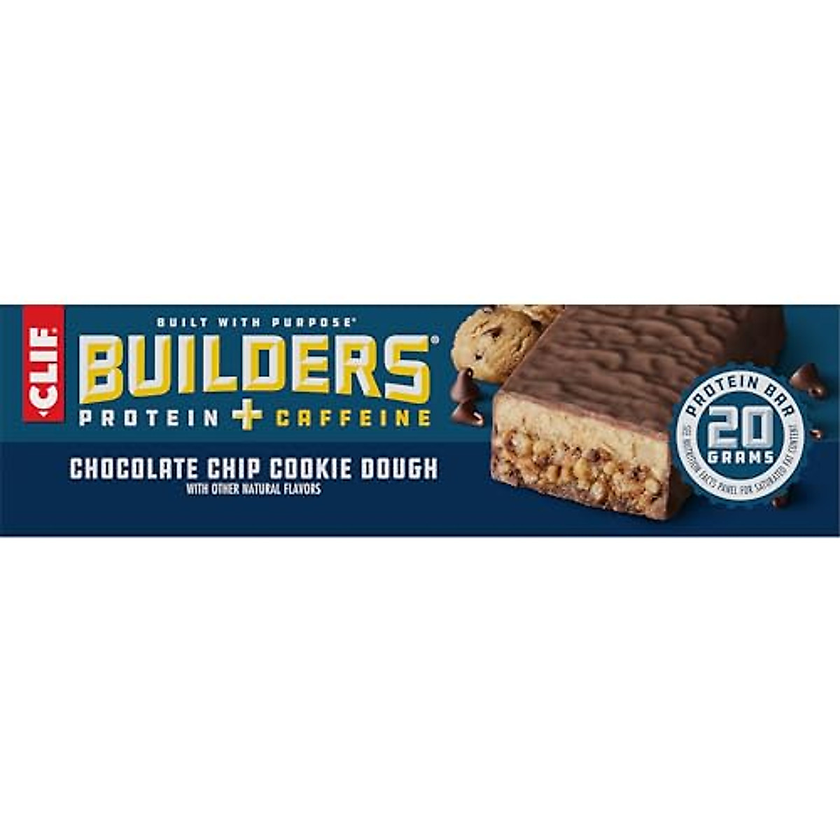 CLIF Builders + Caffeine - Chocolate Chip Cookie Dough Flavor - Protein Bars - Gluten-Free - Non-GMO - Low Glycemic - 20g Protein - 2.4 oz. (12 Count)