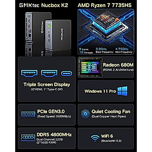 GMKtec Gaming Mini PC Windows 11 Pro AMD Ryzen 7 7735HS Mini Computer up to 4.75GHz 32GB DDR5 RAM 1TB Hard Drive PCIe SSD AMD Radeon 680M, 2 x HDMI, 1x USB4, 4X USB Ports, WiFi 6, BT5.2 Nucbox K2