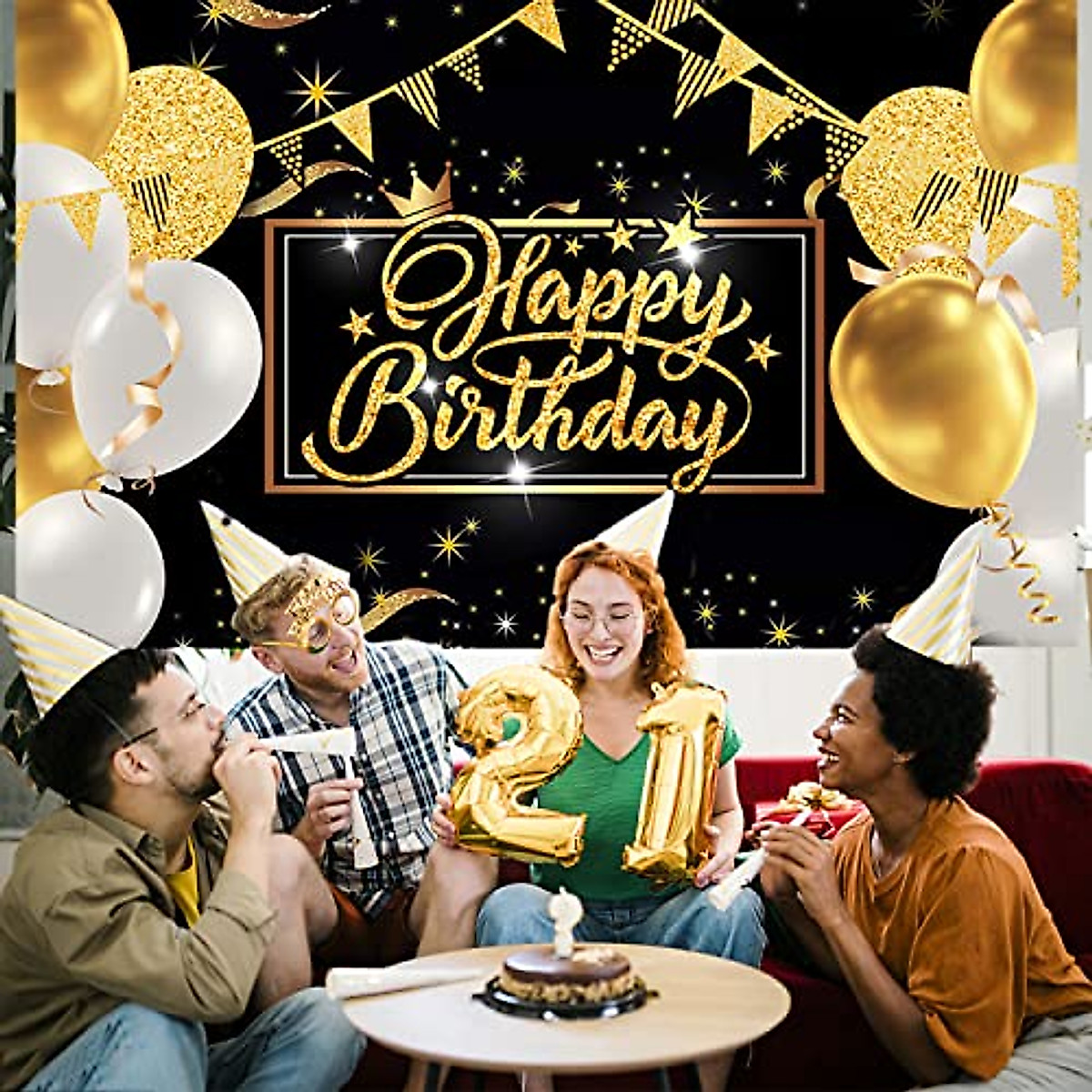 HGH Happy Birthday Backdrop Banner Black and Gold Birthday Party Decorations Sign Poster Large Fabric Glitter Balloon Fireworks Sign Birthday Photo Backdrop Backgroud,72.8 x 43.3 Inch