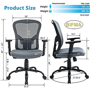 QY RYANGEL Office Chair Clearance,Home Office Desk Chair with Adjustable Lumbar Support, 2D PU Armrest, Mesh Desk Chair with Wheel, Dust Cover, 360 Swivel Task Chair for Home Office, 350lb