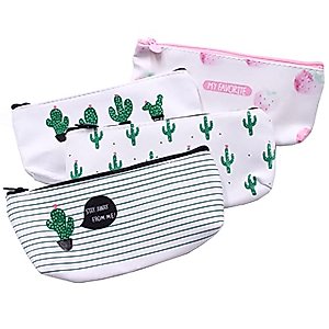 Set of 4 Cute Cactus Canvas Pencil Case Strawberry Pastoral Organizer Makeup Cosmetic Pouch Holder by SPADORIVE