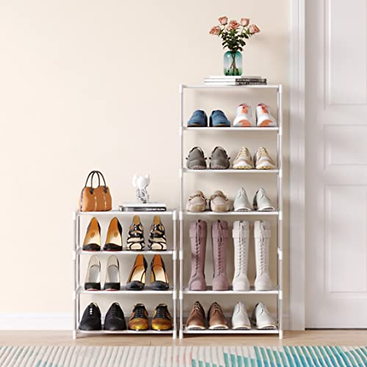 SHELAKET Stackable Small Shoe Rack，Upgrade 4-Tier Kids Shoe Shelf Storage Organizer for Entryway, Hallway and Closet (White)