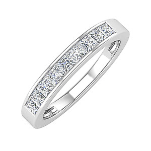 FINEROCK 1/2 Carat Channel Set Princess Cut Diamond Wedding Band Ring in 14K White Gold - IGI Certified (Ring Size 7.25)