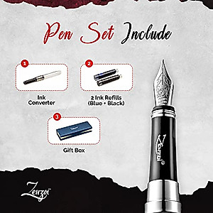 ZenZoi Black Fountain Pen Fine Nib - Beautiful Luxury Pen For Men Or Women With German Schmidt Nib, Converter, 2 Ink Refills (Blue & Black) & Pen Gift Box. Nice, Executive Pens For Smooth Writing