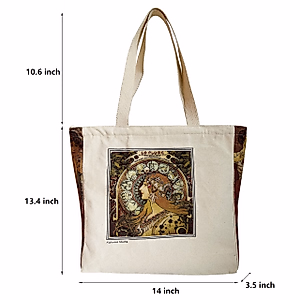 HaoHakka Tote Bag Aesthetic, Canvas Graphic Trendy Cute Tote Bags with Zipper Pockets (Alphonse Mucha) Beige