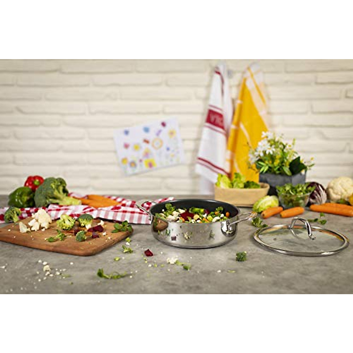 KUHN RIKON Allround Oven-Safe Induction Non-Stick Serving Pan with Glass Lid, 28 cm, Stainless Steel, Silver