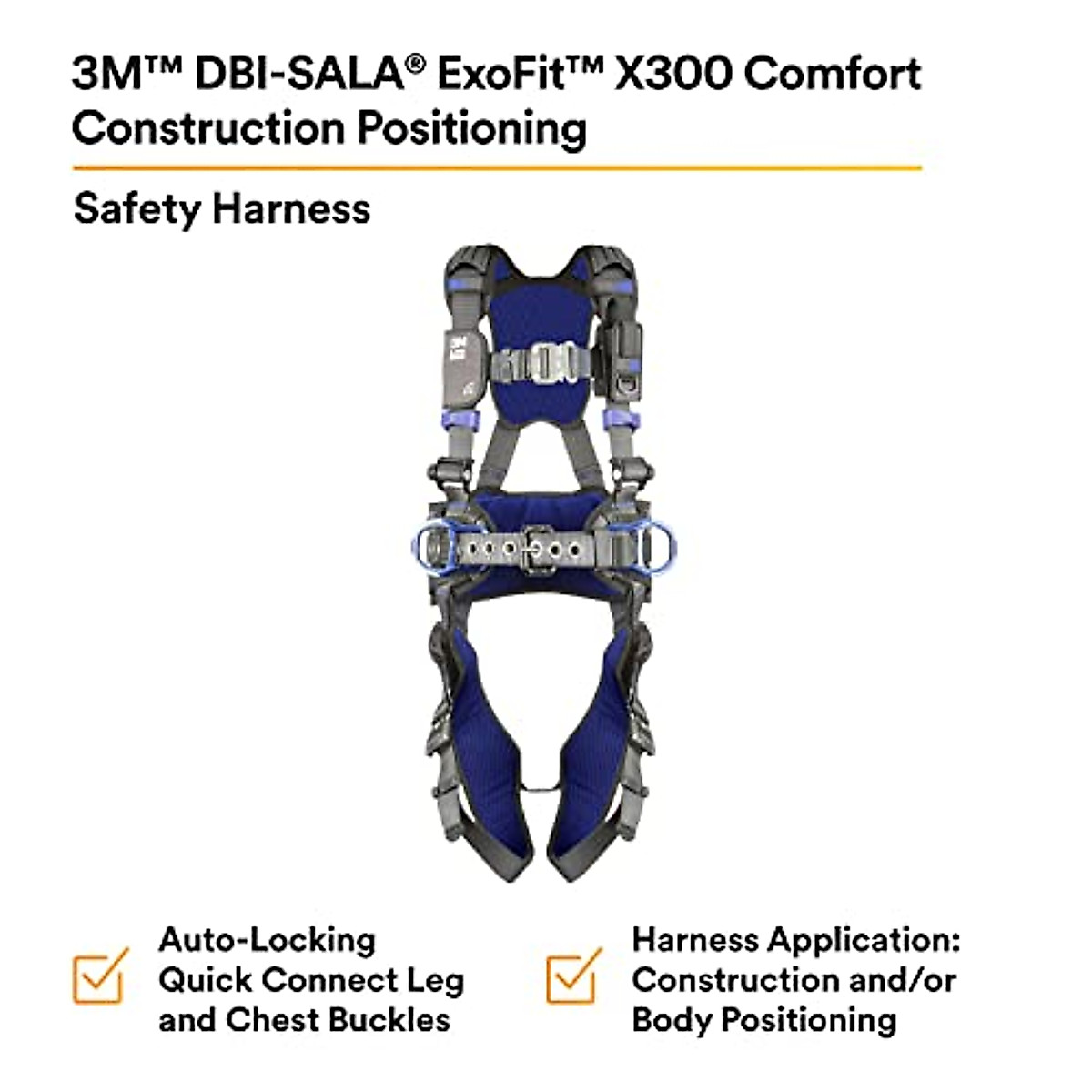 3M 1113127 DBI-SALA ExoFit X300 Comfort Construction Positioning Safety Harness, Construction Fall Protection, Aluminum Back and Hip D-Rings, Auto-Locking Quick Connect Leg and Chest Buckles, Large